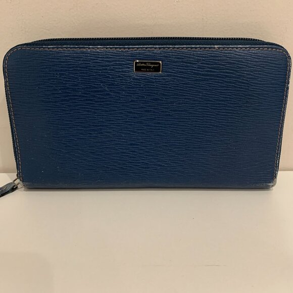 Salvatore Ferragamo | Bags | Ferragamo Blue Zip Around Bifold Wallet ...
